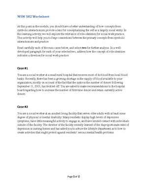 MSW Worksheet Module 3 - MSW 502 Worksheet One of the assigned readings for this week was the ...