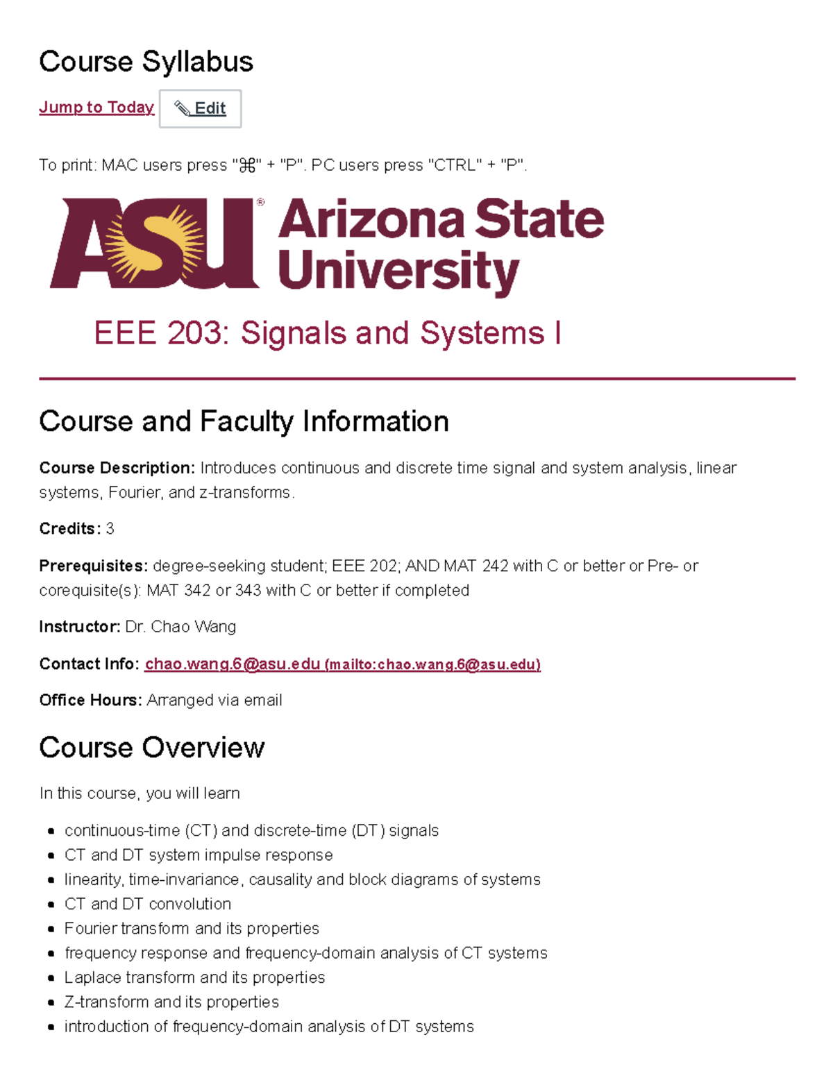 Syllabus for EEE 203 Signals and Systems I (2023 Fall - A) - Course ...