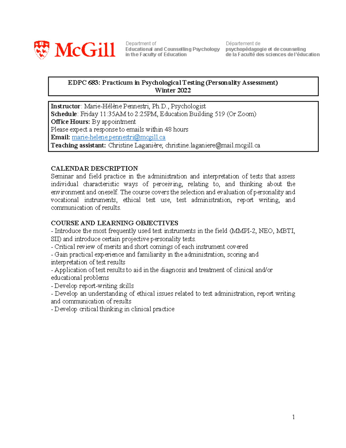 EDPC 683: Practicum in Psychological Testing (Personality Assessment ...