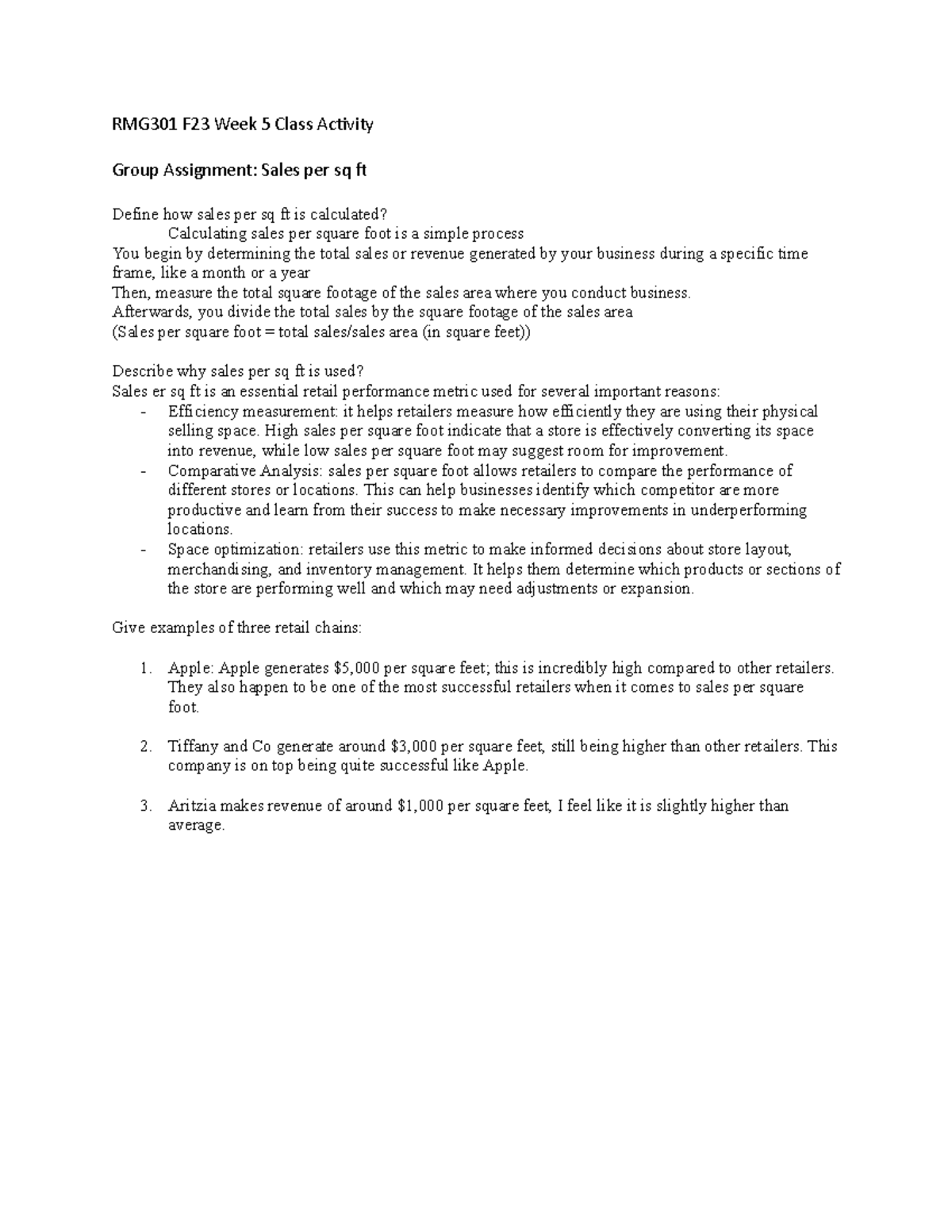 RMG301 F23 Week 5 Class Activity - RMG301 F23 Week 5 Class Activity Group Assignment: Sales per ...