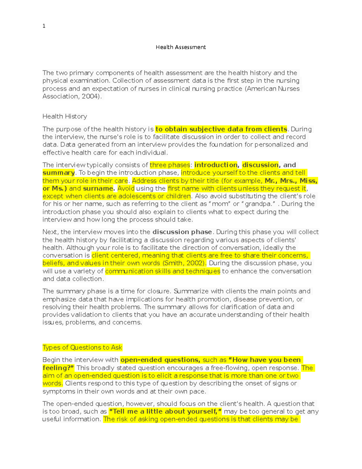 Health Assessment Study Guide Review sheet - NUR1060C - MDC - Studocu