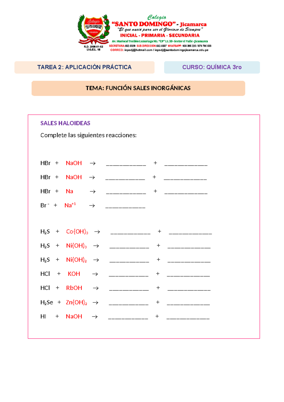 Química 3ro Tarea Nº 2 - SALES HALOIDEAS Complete las siguientes ...