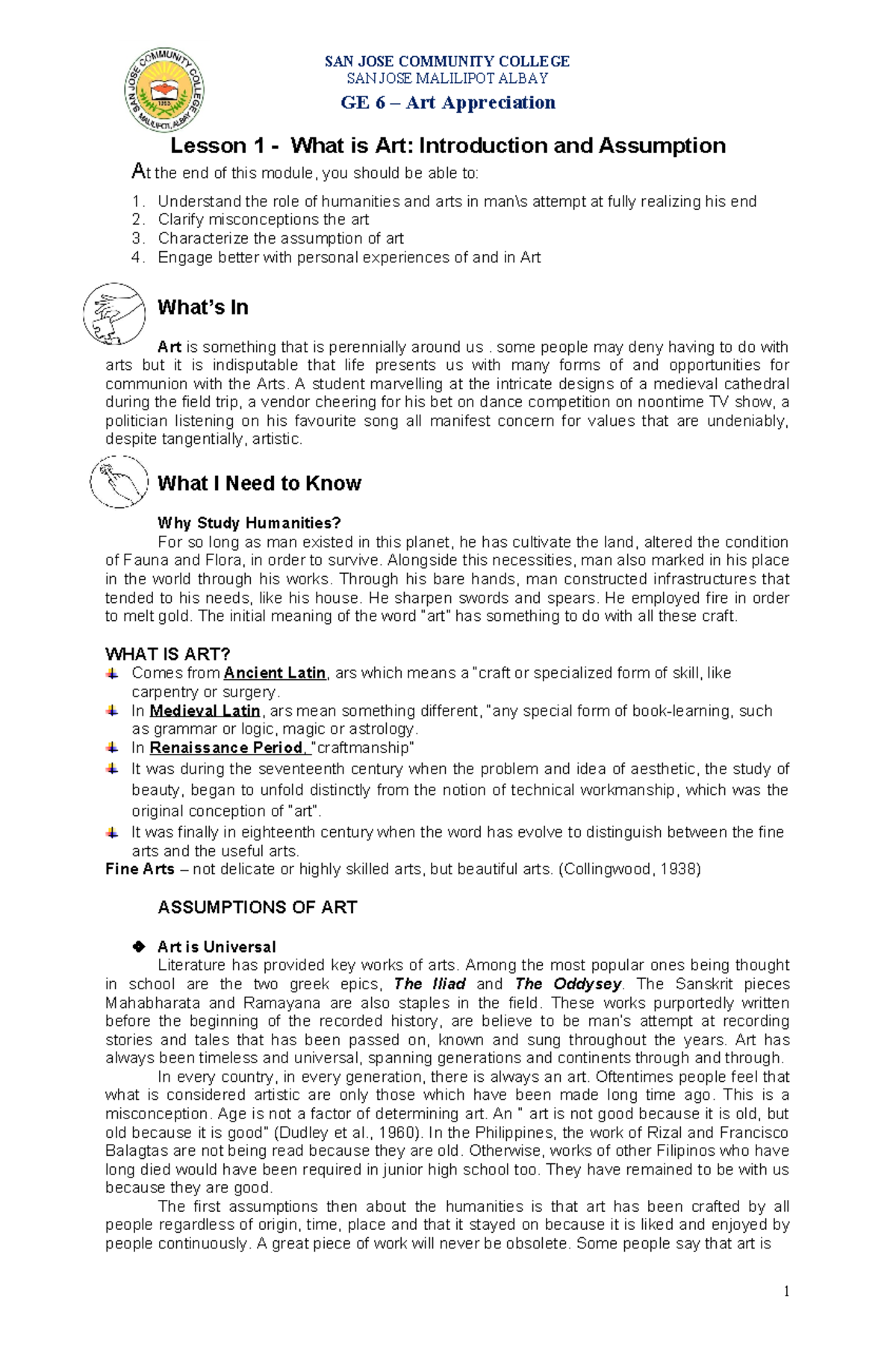 Art App - Week 1 - art aprreciation - SAN JOSE COMMUNITY COLLEGE SAN ...