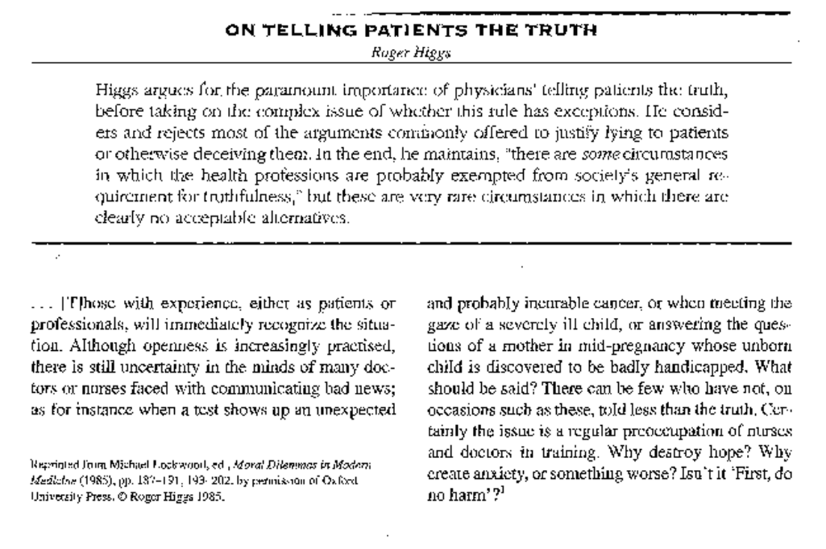 Higgs.On Telling Patients the Truth - ON TELLING PATIENTS THE TRUTH ...