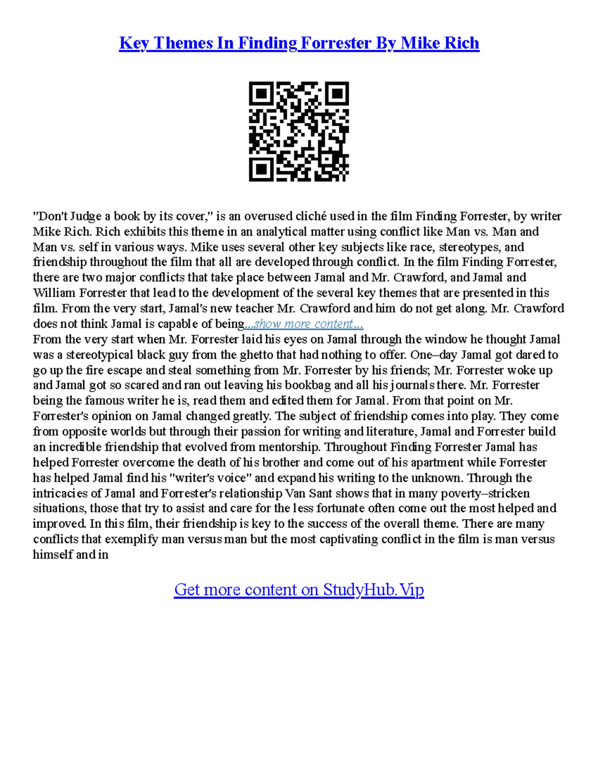 Finding Forrester Essay - Key Themes In Finding Forrester By Mike Rich ...