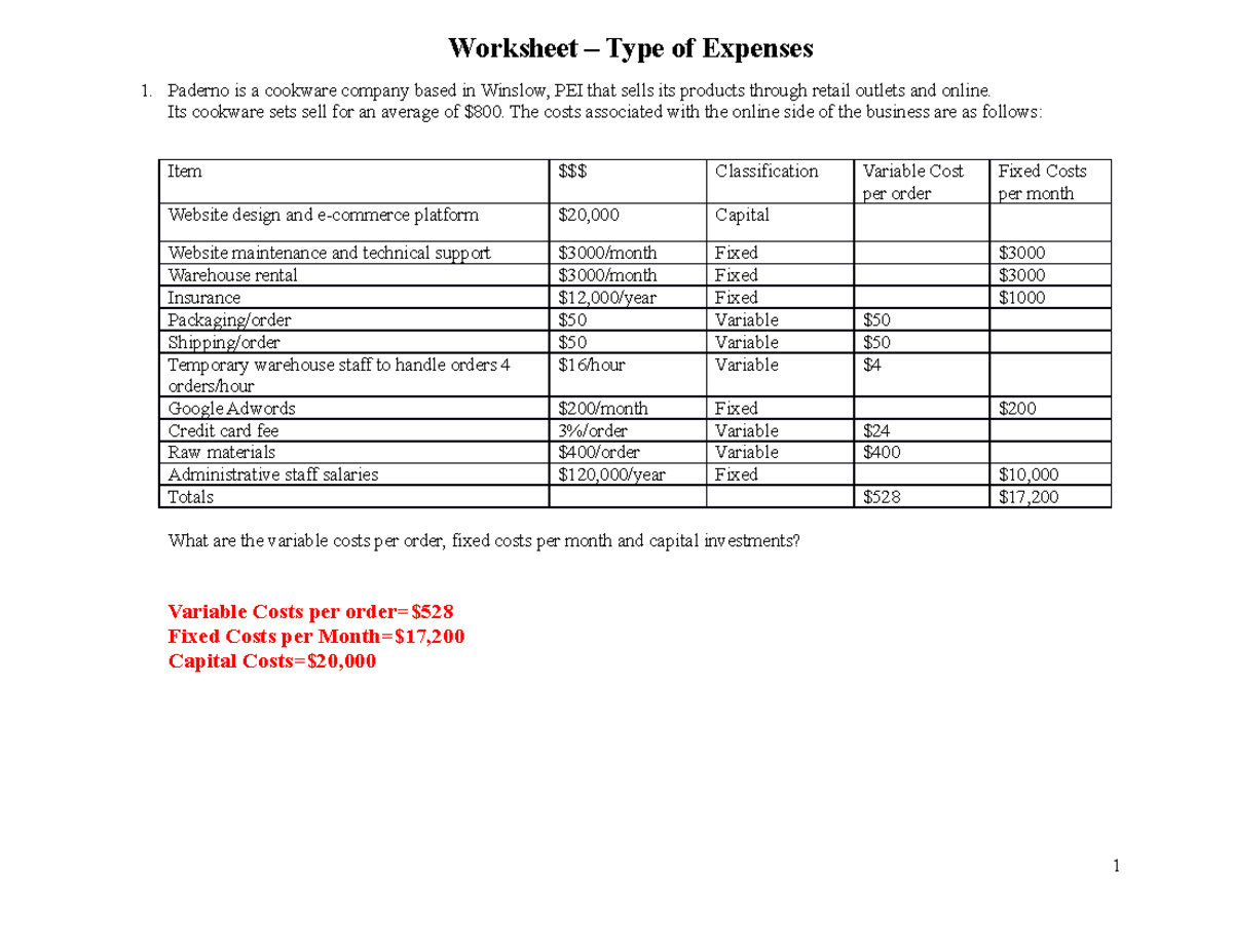 Metrics 1 Type of Expenses Fixed Variable Capital Questions Answers ...