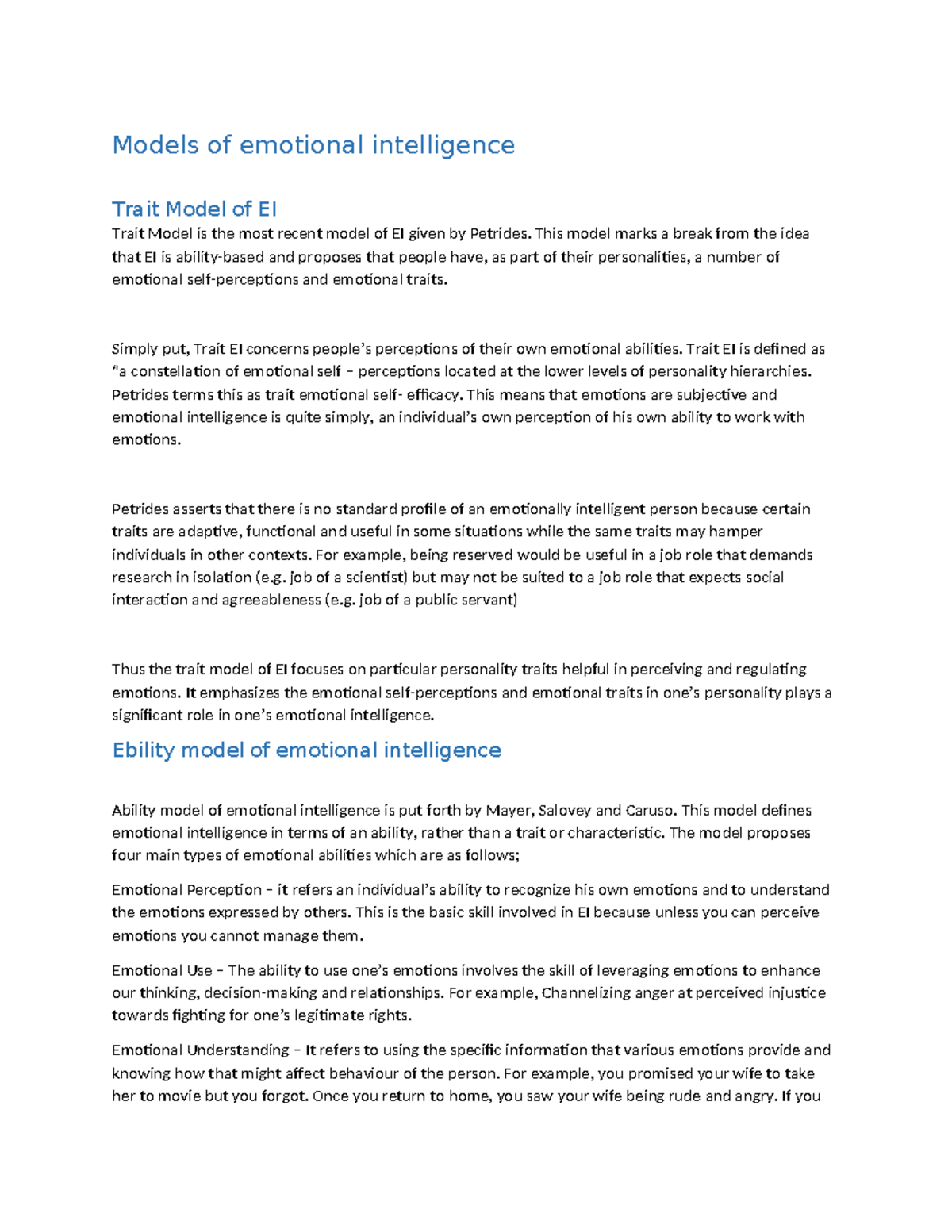 Models of emotional intelligence - This model marks a break from the ...