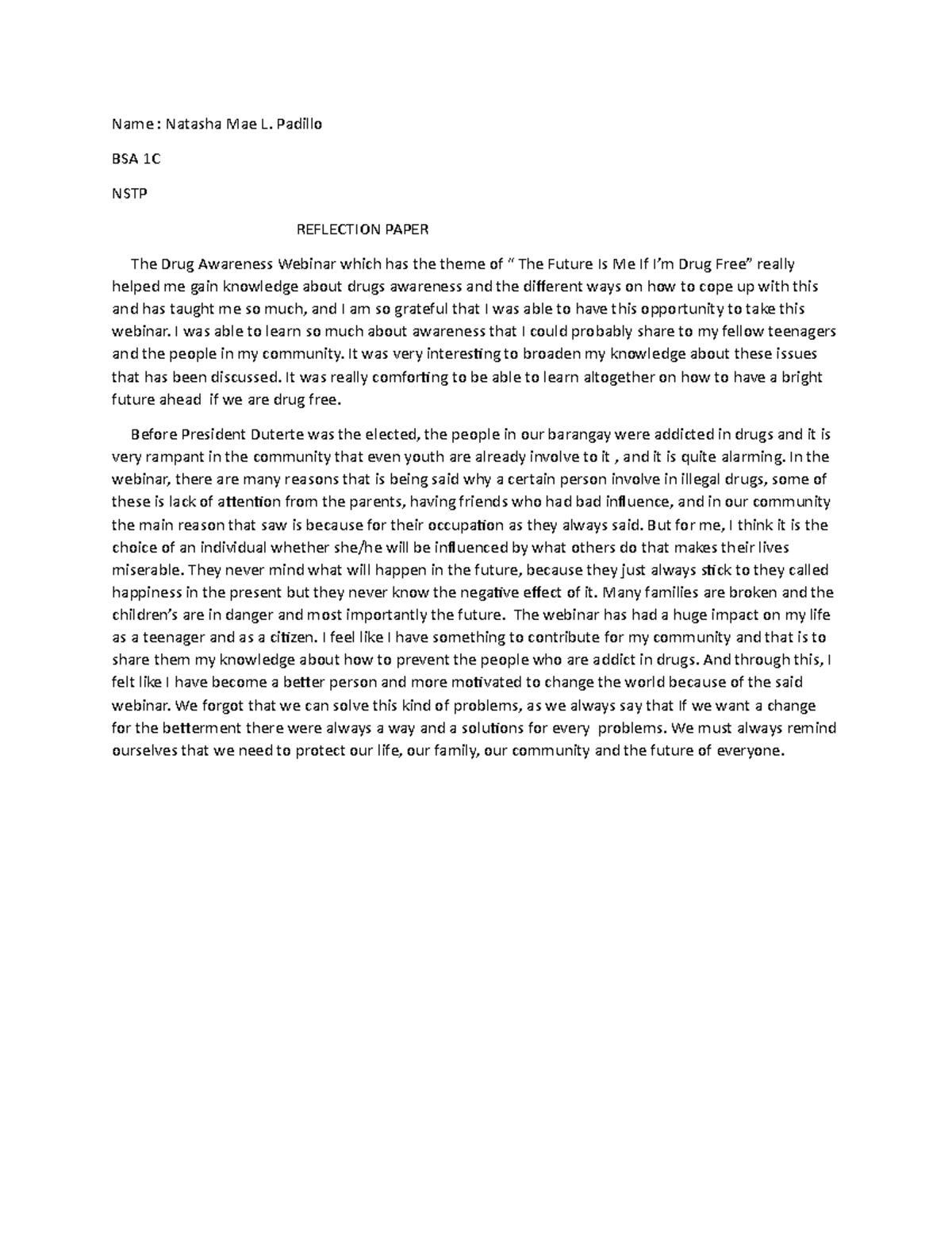 Reflection paper - Reflecation papaer - Name : Natasha Mae L. Padillo ...
