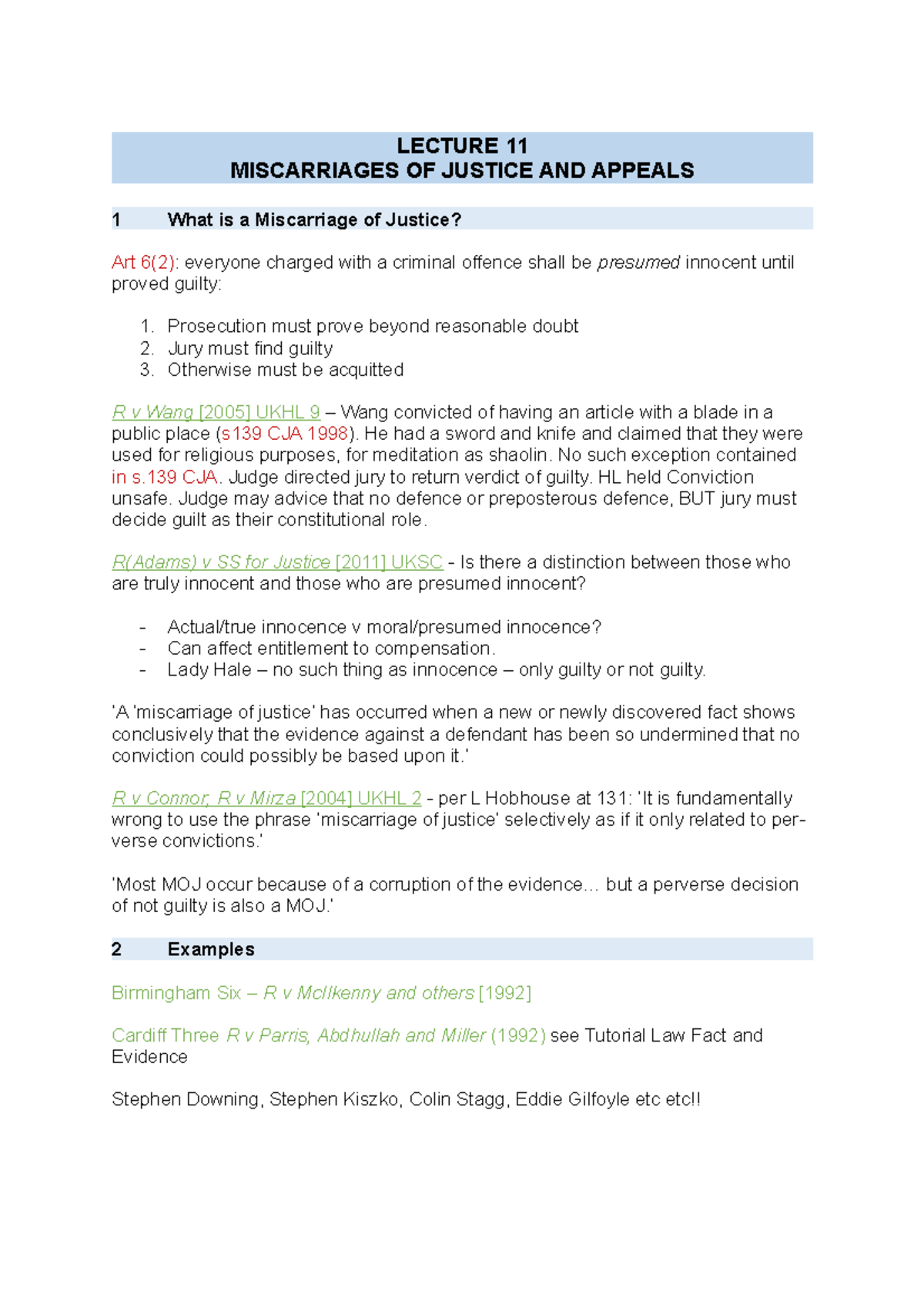 Legal Skills- Miscarriages of Justice - LECTURE 11 MISCARRIAGES OF ...