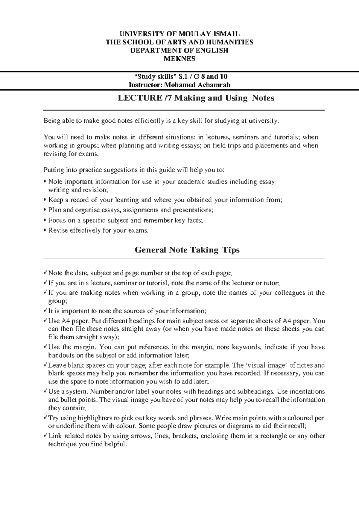 7- Making AND Using Notes - UNIVERSITY OF MOULAY ISMAIL THE SCHOOL OF ...