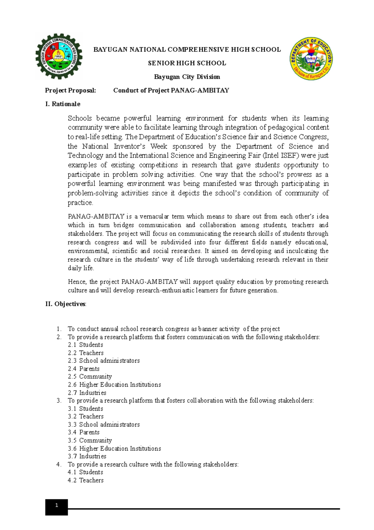 Proposal Project Panag Ambitay - BAYUGAN NATIONAL COMPREHENSIVE HIGH ...