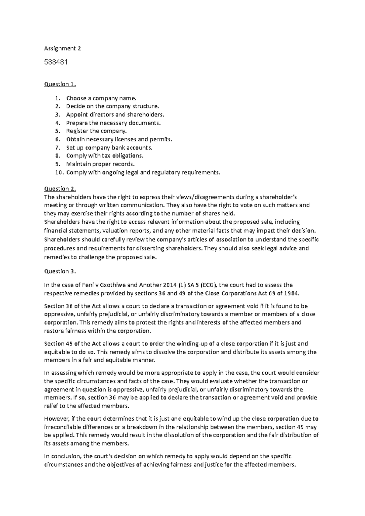 Assignment 2- MRL2601 - Assignment 2 588481 Question 1. 1. Choose a ...