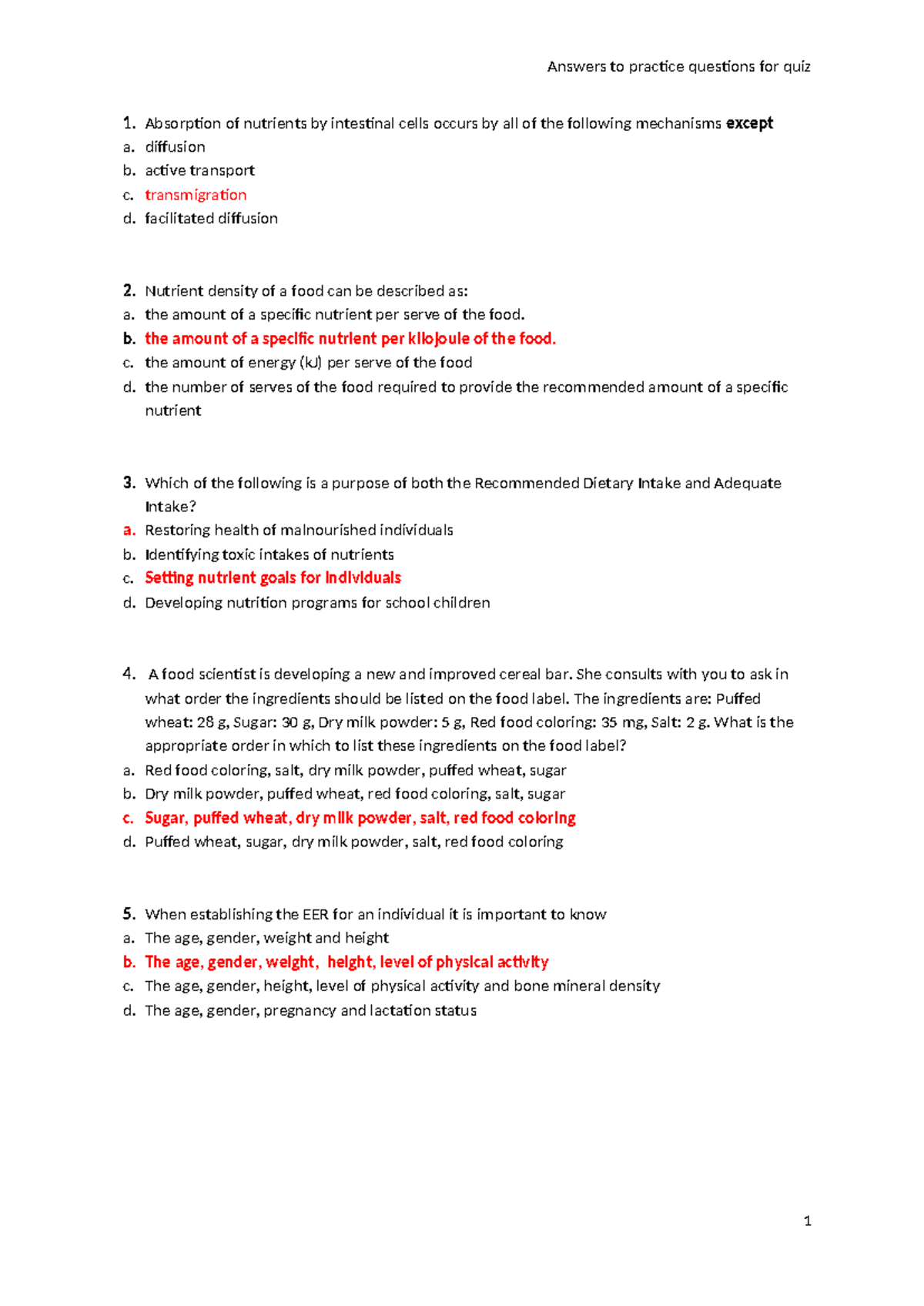 Quiz 1 practice questions- answers - Absorption of nutrients by ...