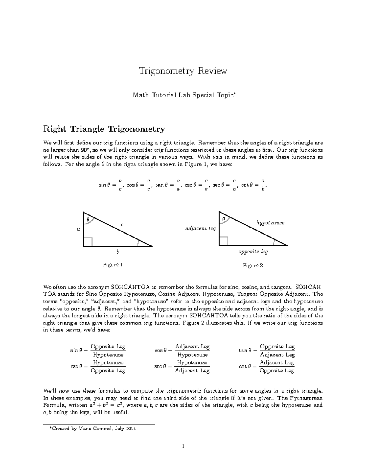 Trig Review Notes - Summary Pre-Calculus - Trigonometry Review Math ...