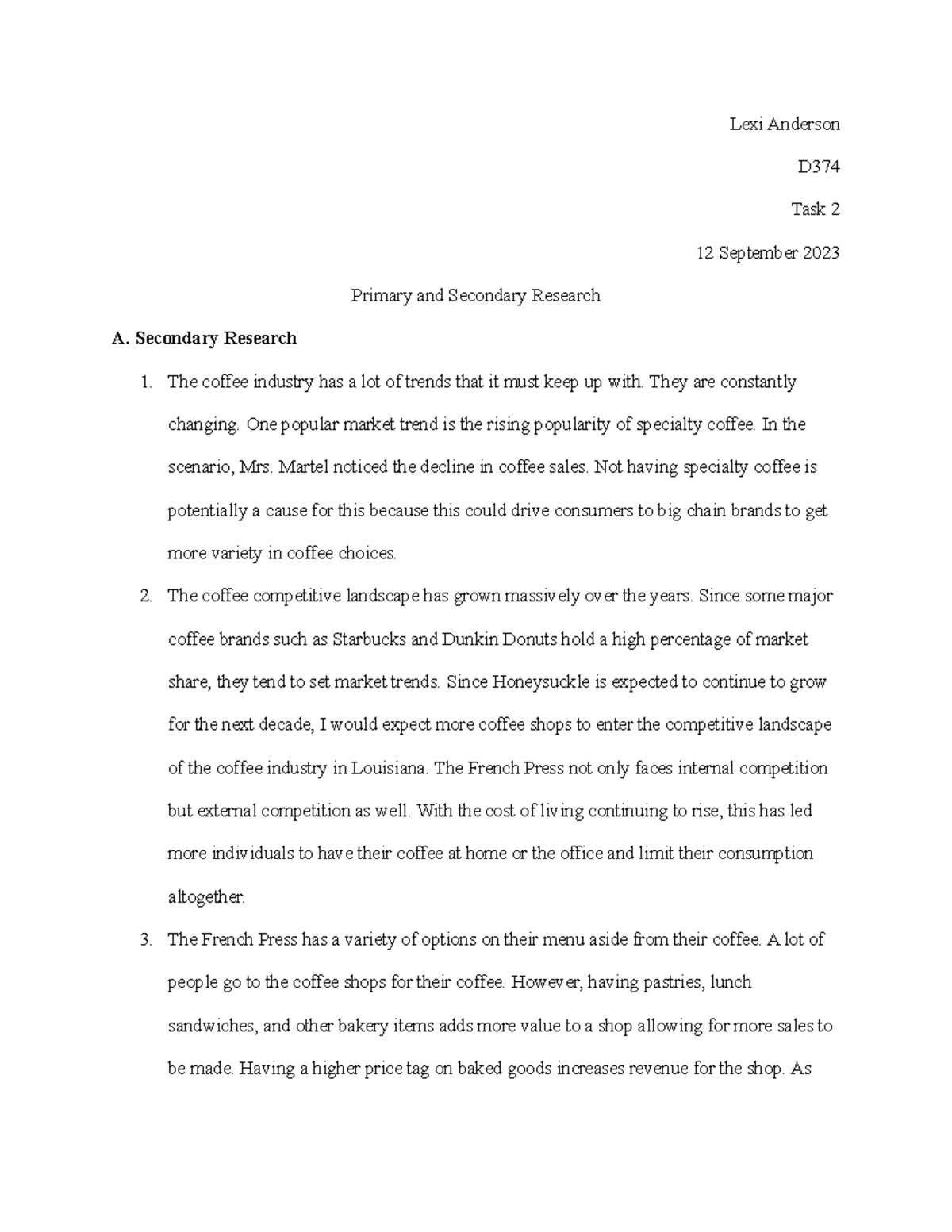 WGU Task 2 D374 - task 2 no revisions - Lexi Anderson D Task 2 12 September 2023 Primary and ...