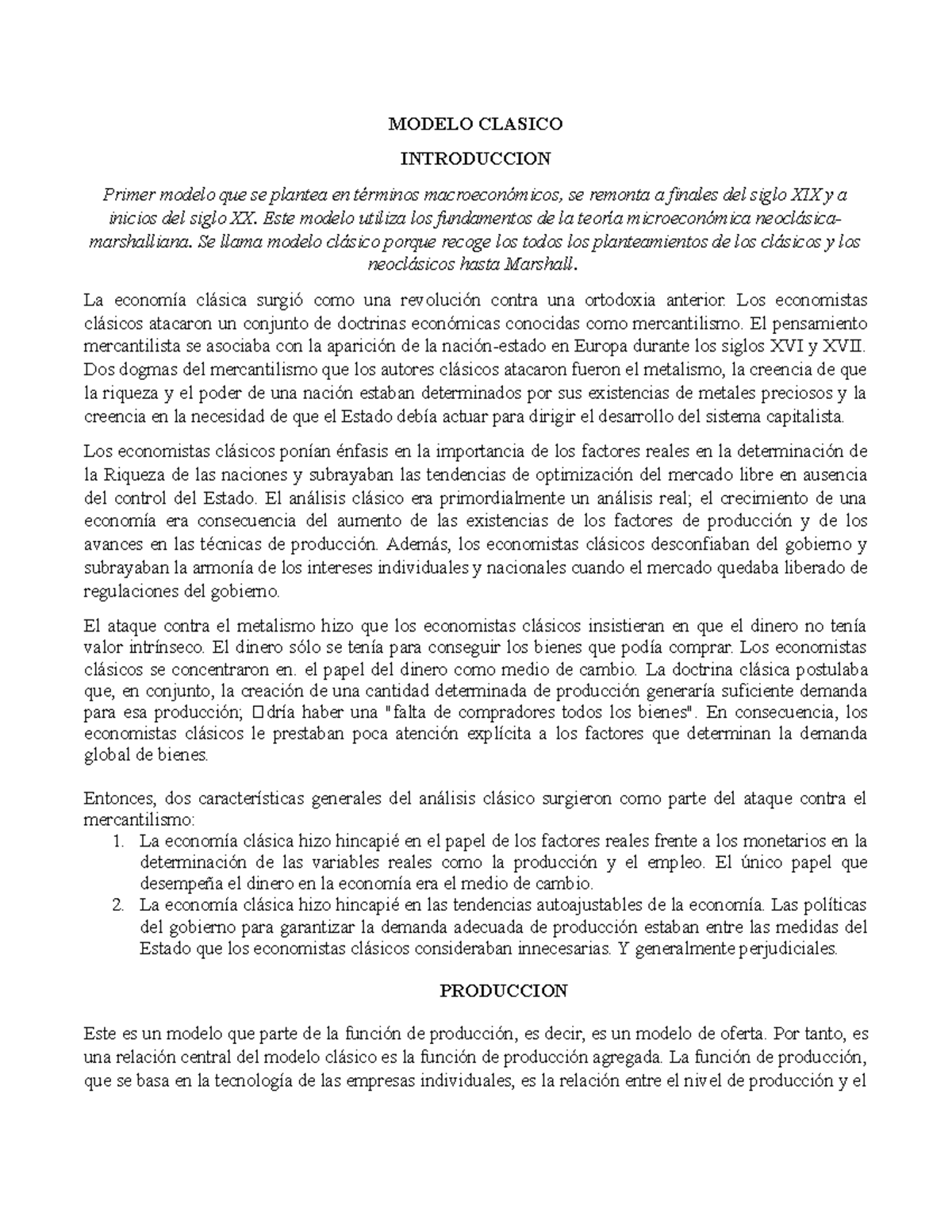 Modelo Clasico de la Macroeconomia I - MODELO CLASICO INTRODUCCION ...