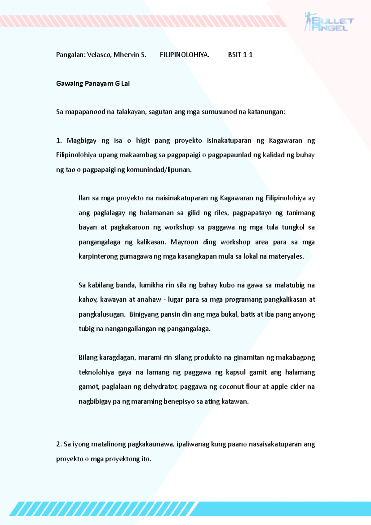 Tala Gawain Panayam G Lai hahaha talaga ba - Pangalan: Velasco, Mhervin ...