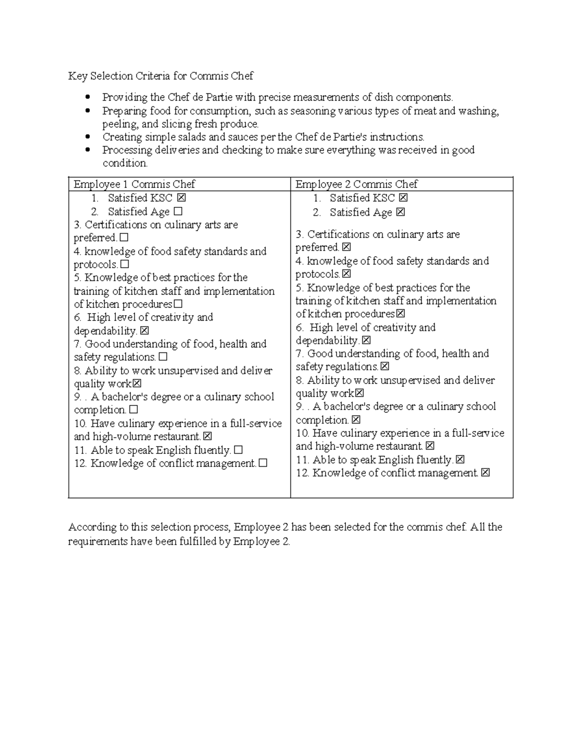 Decision and Documentation - Key Selection Criteria for Commis Chef ...