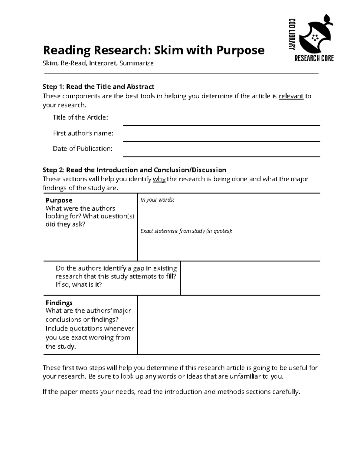 Skim Purpose - Reading research paper - Reading Research: Skim with ...