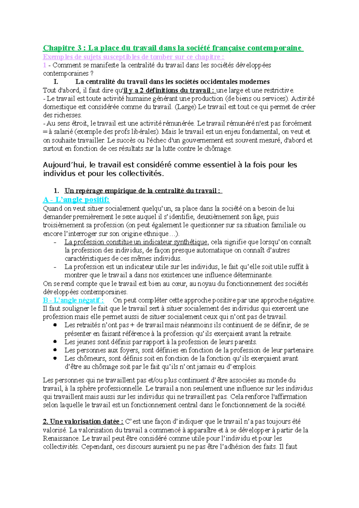Chapitre 3- LE Travail. Sociologie Cours 2023 - Chapitre 3 : La place ...