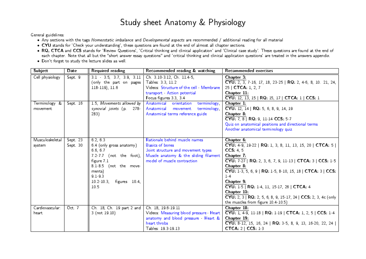 Studysheet 10E - Study sheet Anatomy & Physiology General guidelines ...