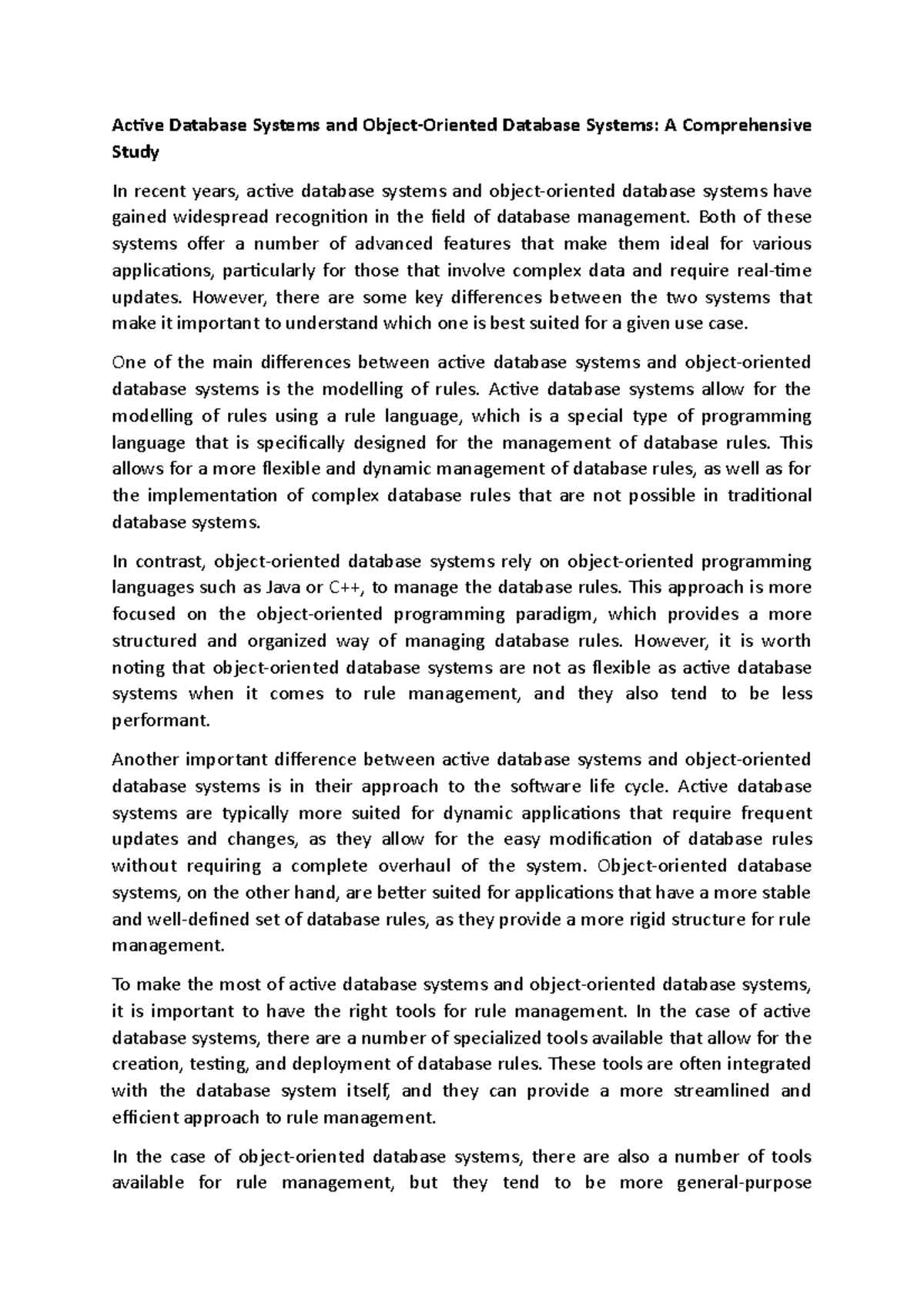 Essay Active Database Systems And Object Oriented Database Systems Active Database Systems