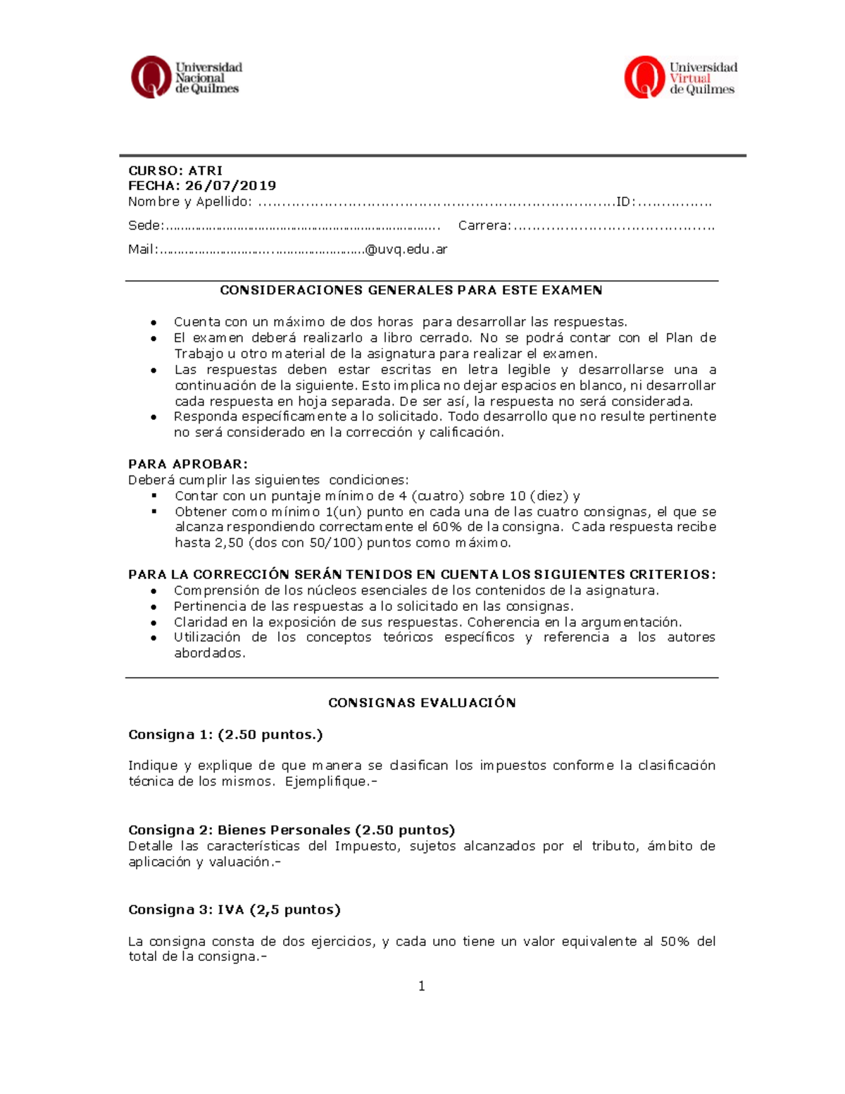 Modelo Final UVQ - 1 CURSO: ATRI FECHA: 26/07/ Nombre y Apellido: - Studocu