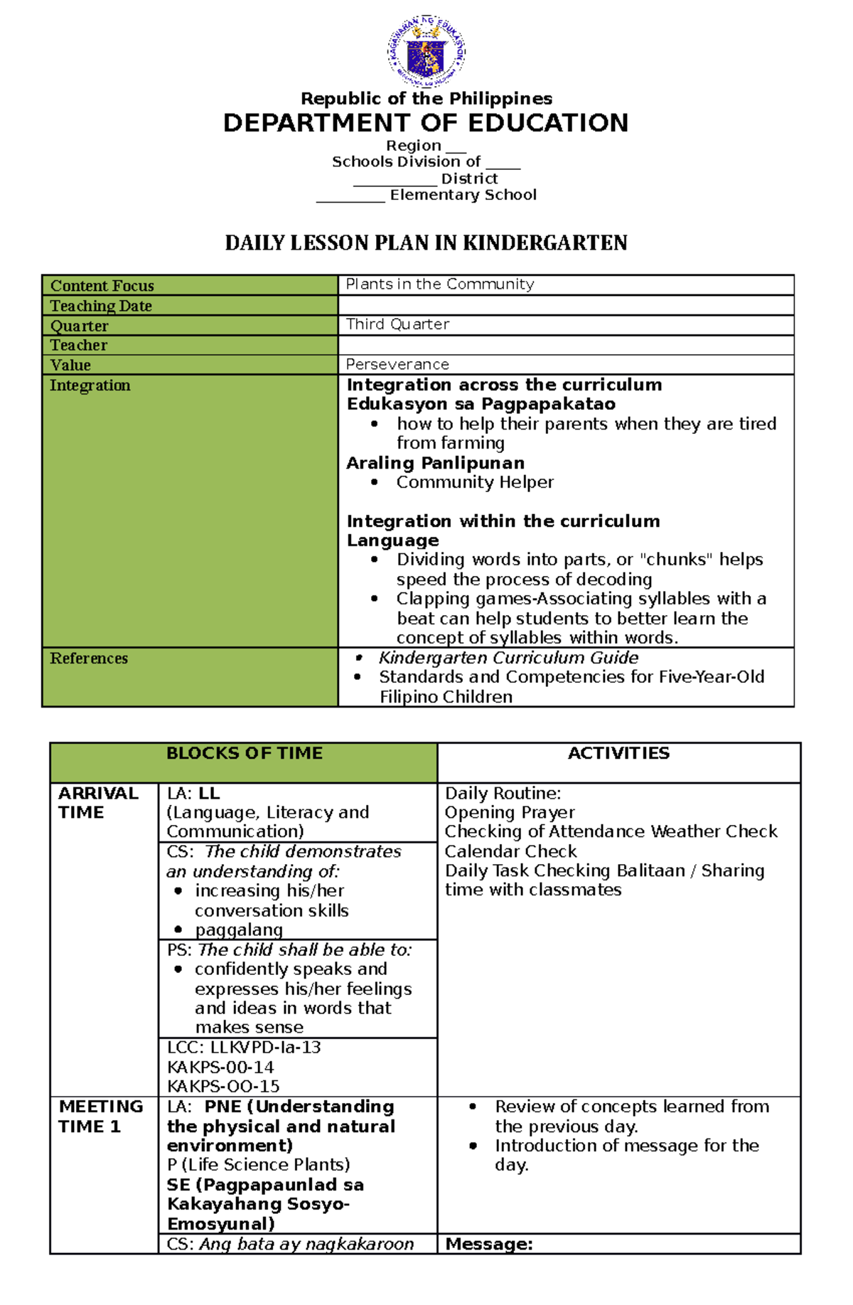 COT- Kindergarten Third Quarter - Republic of the Philippines ...