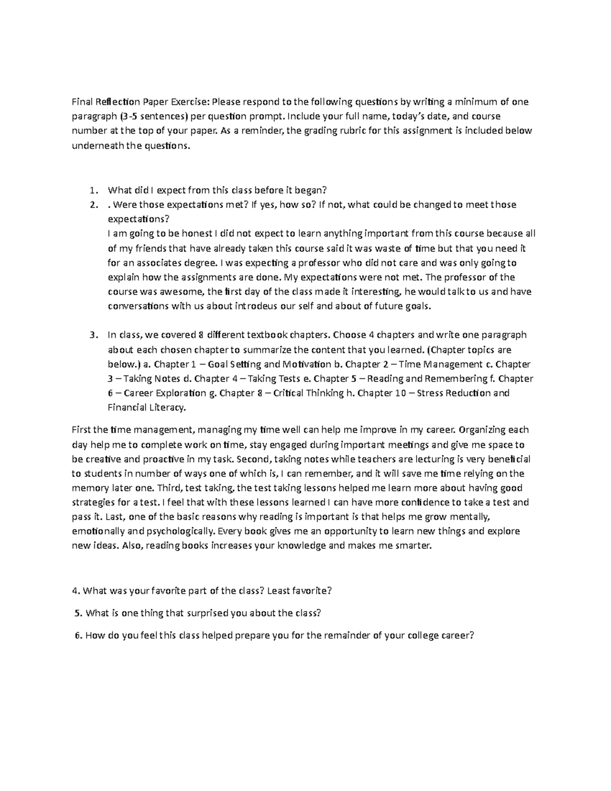 Essay SLS - note from my class - Final Reflection Paper Exercise ...