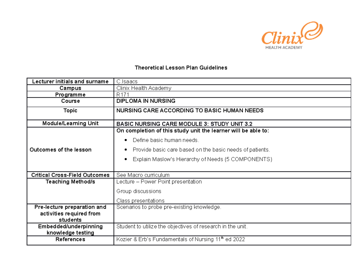 3.2 Nursing Care according to Basic Needs Lesson 1 - Theoretical Lesson ...