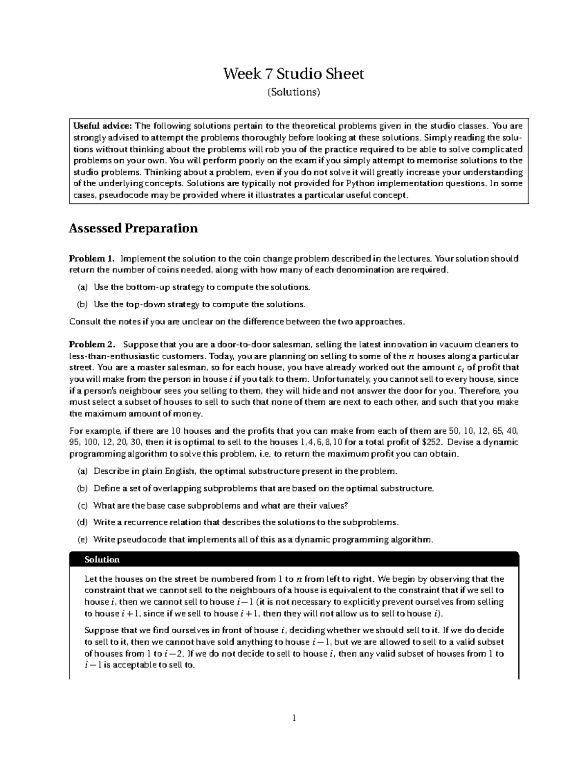 Week07-Dynamic Programming - Week 7 Studio Sheet (Solutions) Useful ...