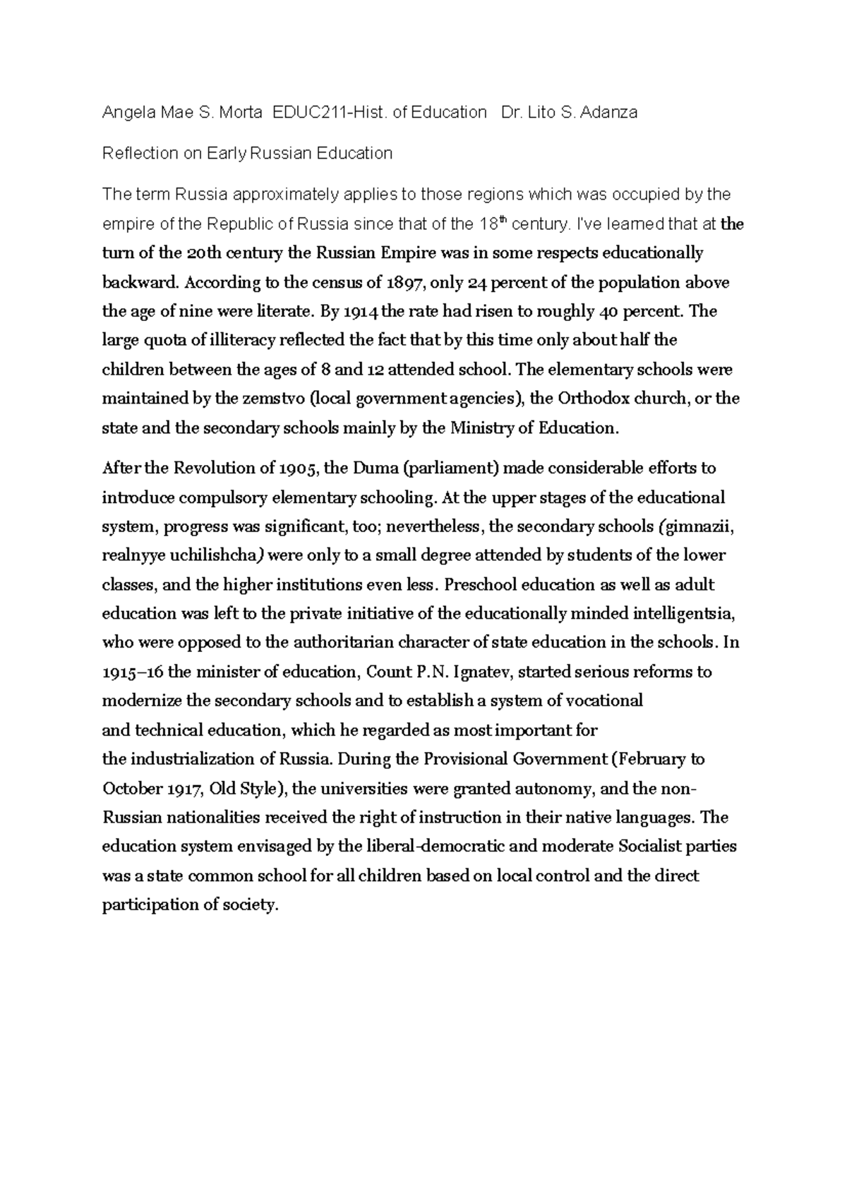 Early Russian Education( Morta) - Angela Mae S. Morta EDUC211-Hist. of ...