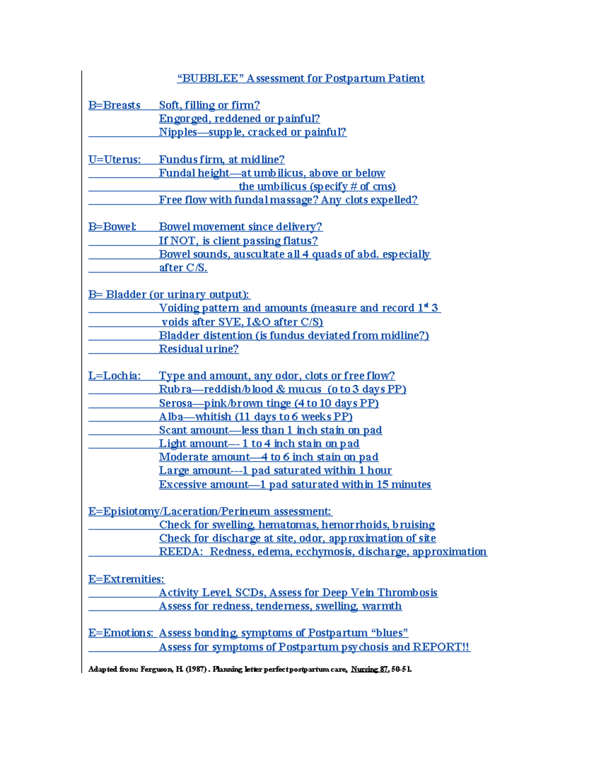 Bubbleee - df a - “BUBBLEE” Assessment for Postpartum Patient B=Breasts ...