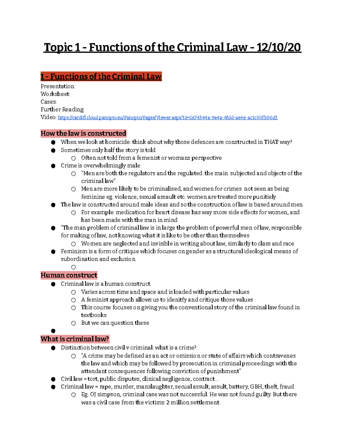 Topic 1 - Pre Rec - Criminal - Topic 1 - Functions of the Criminal Law ...