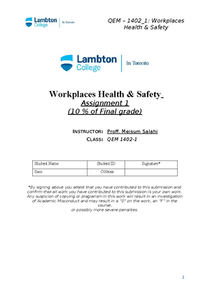 Assignment 1 oh&el - Assignment INSTRUCTOR: CLASS: OHS 4443 (OHS&E ...