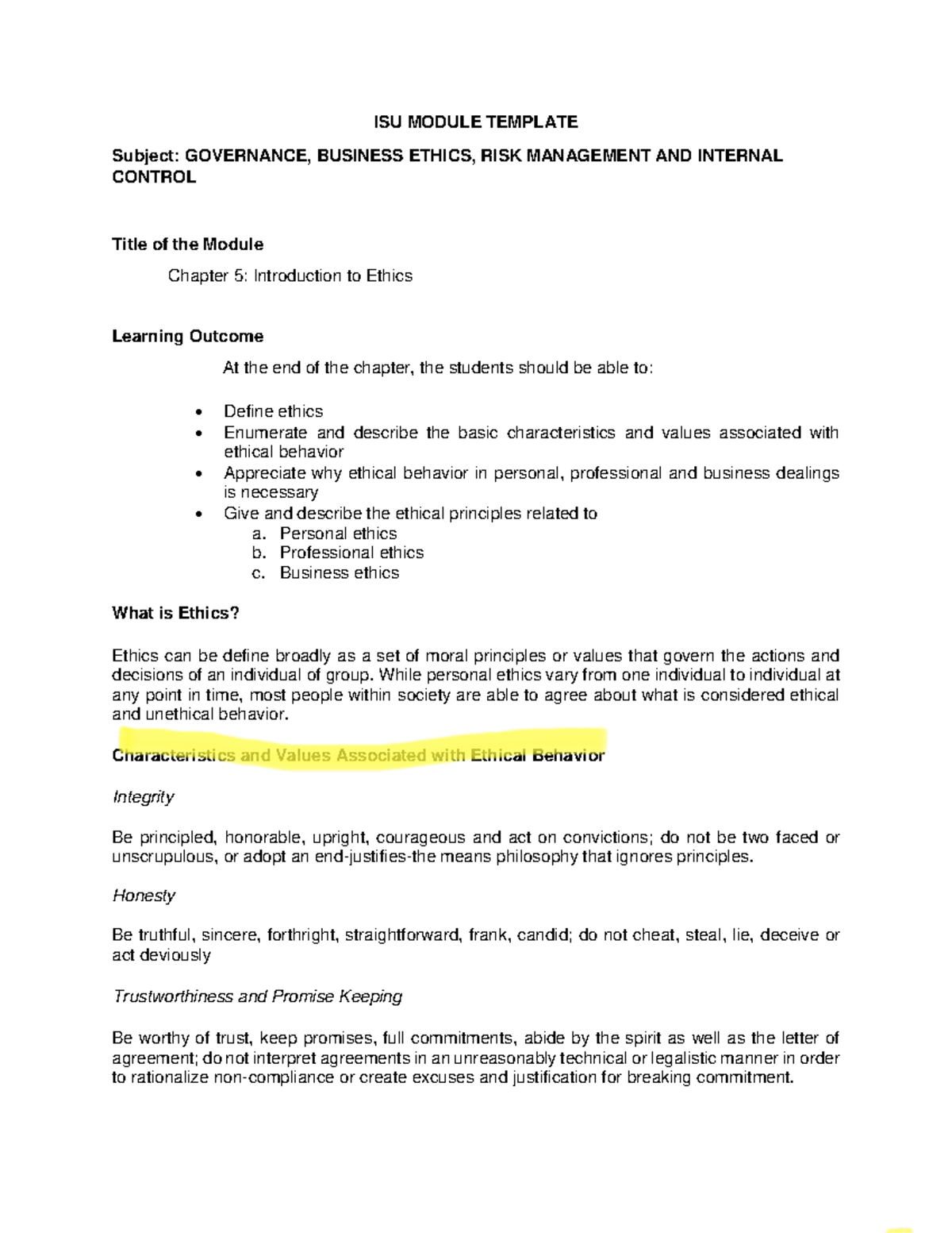 Chapter 5 - Governance - ISU MODULE TEMPLATE Subject: GOVERNANCE ...