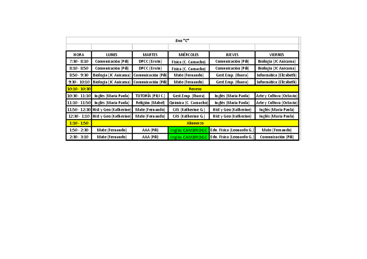 8vo C horario - ertyuiop`pkjhg - 8vo "C" HORA LUNES MARTES MIÉRCOLES ...