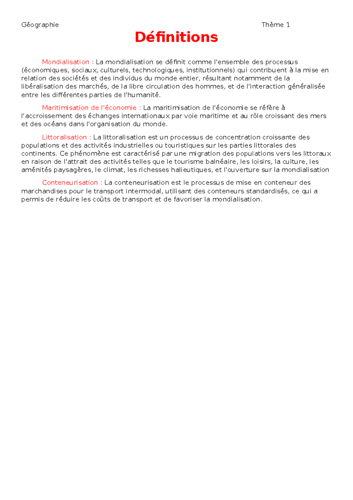 Géographie - T1 - Définitions - Géographie Thème 1 Définitions ...