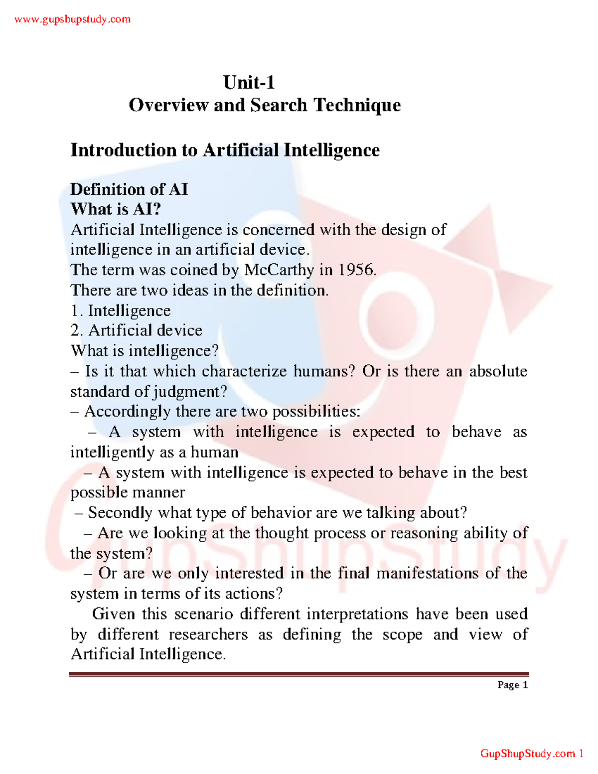 Artificial intelligence - Page 1 Unit- Overview and Search Technique ...