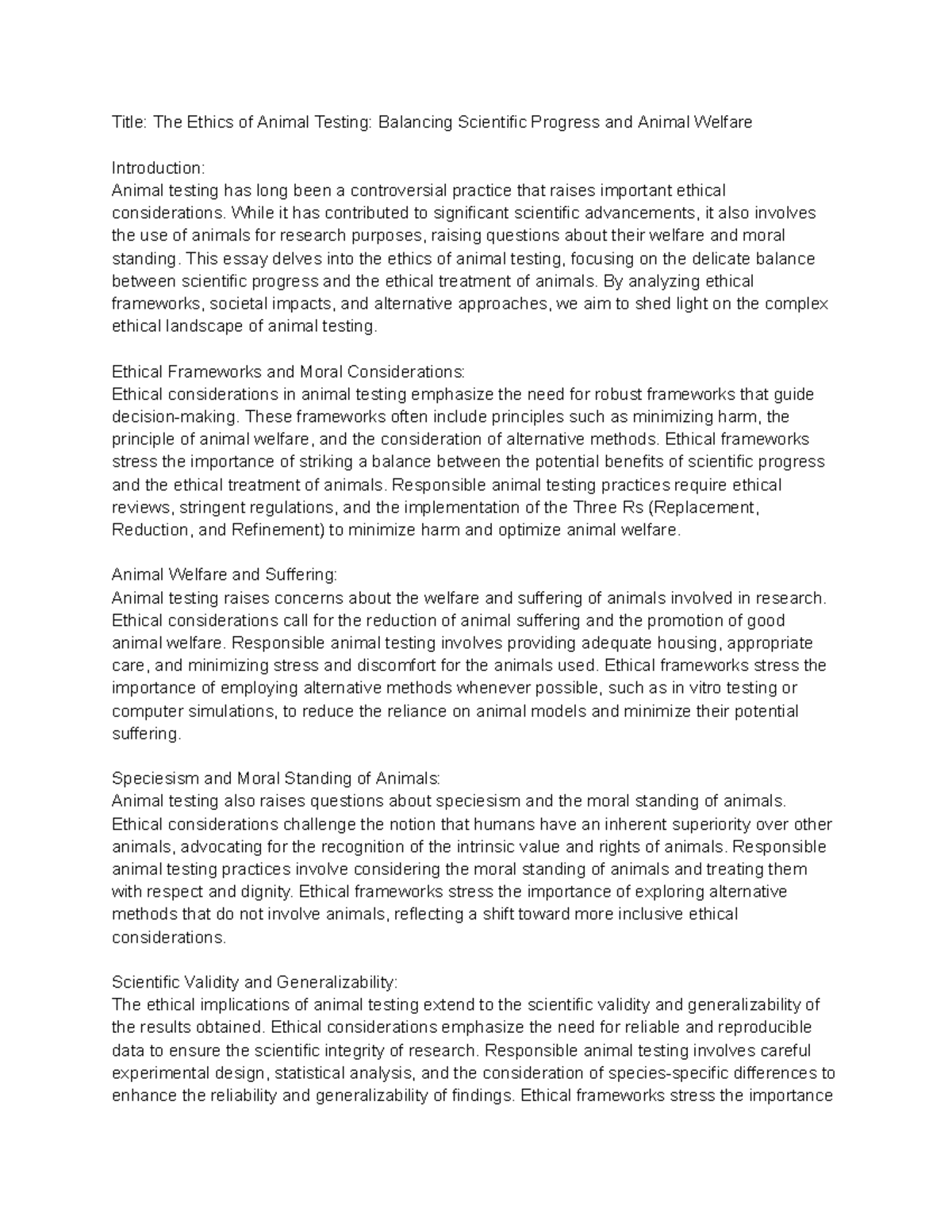 Title The Ethics of Animal Testing Balancing Scientific Progress and ...