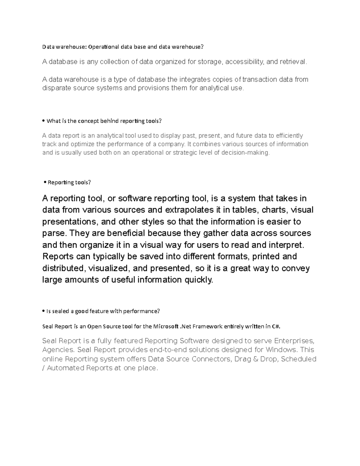 Data Reporting - about data - Data warehouse: Operational data base and ...