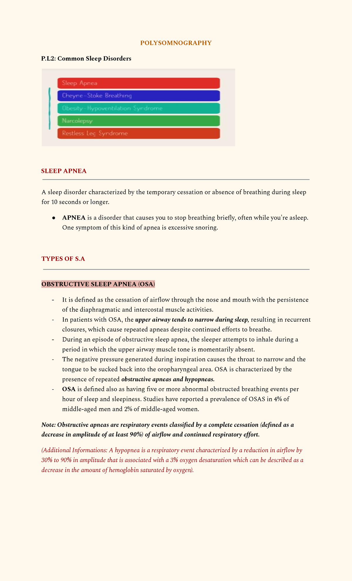 PSG Notes - Sleep Disorders - POLYSOMNOGRAPHY P: Common Sleep Disorders ...