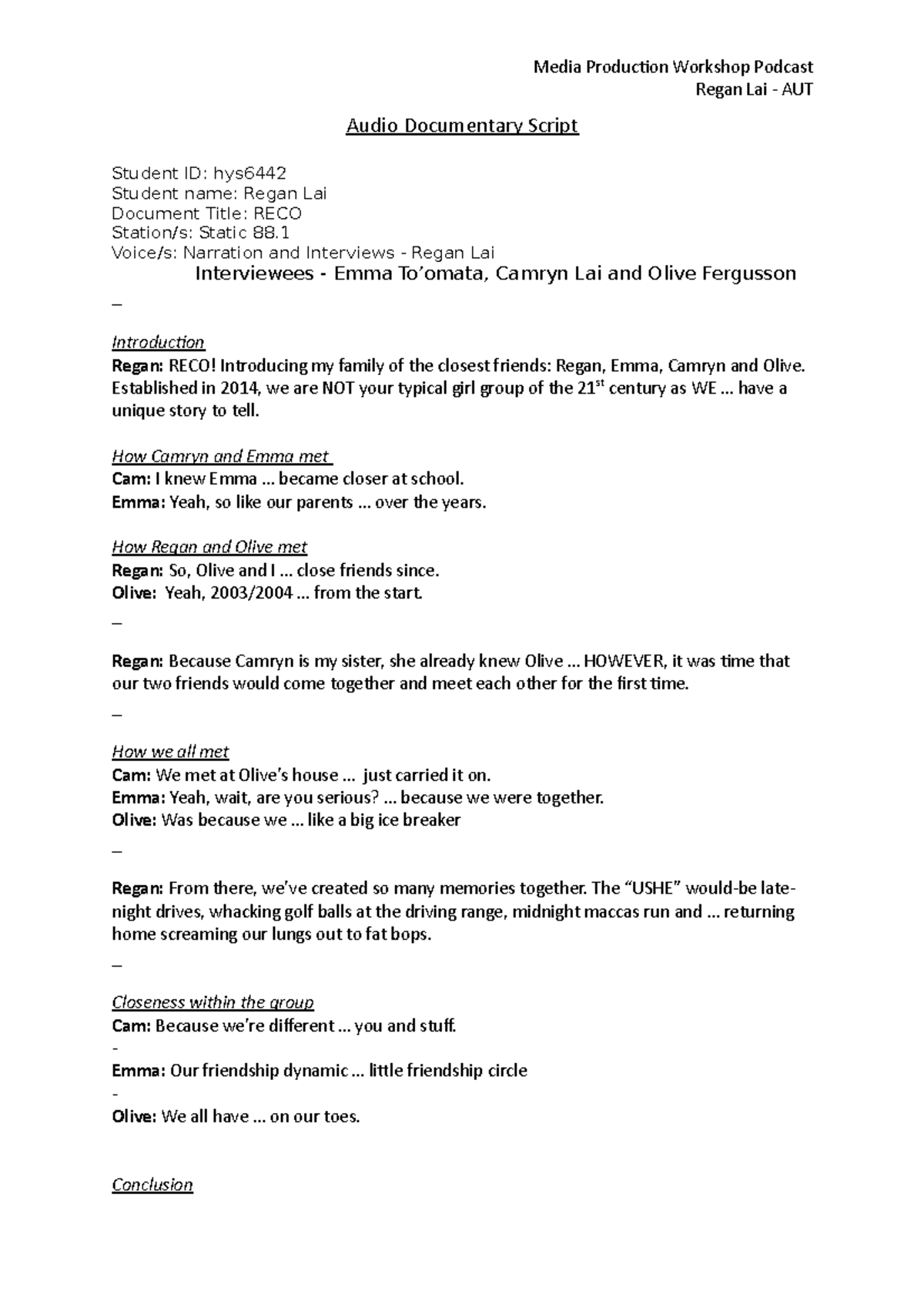 Script Audio Assessment - Media Production Workshop Podcast Regan Lai ...