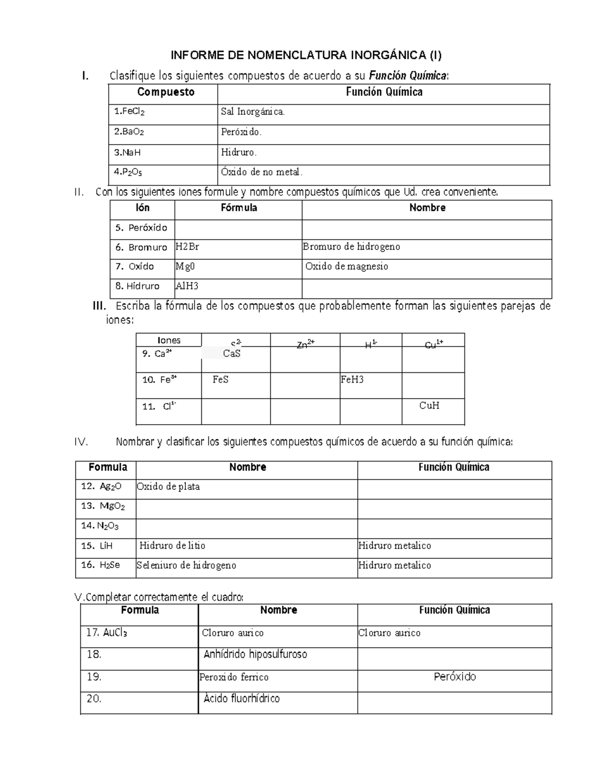 Informe DE Nomenclatura Inorgánica - INFORME DE NOMENCLATURA INORGÁNICA (I) I. Clasifique los ...