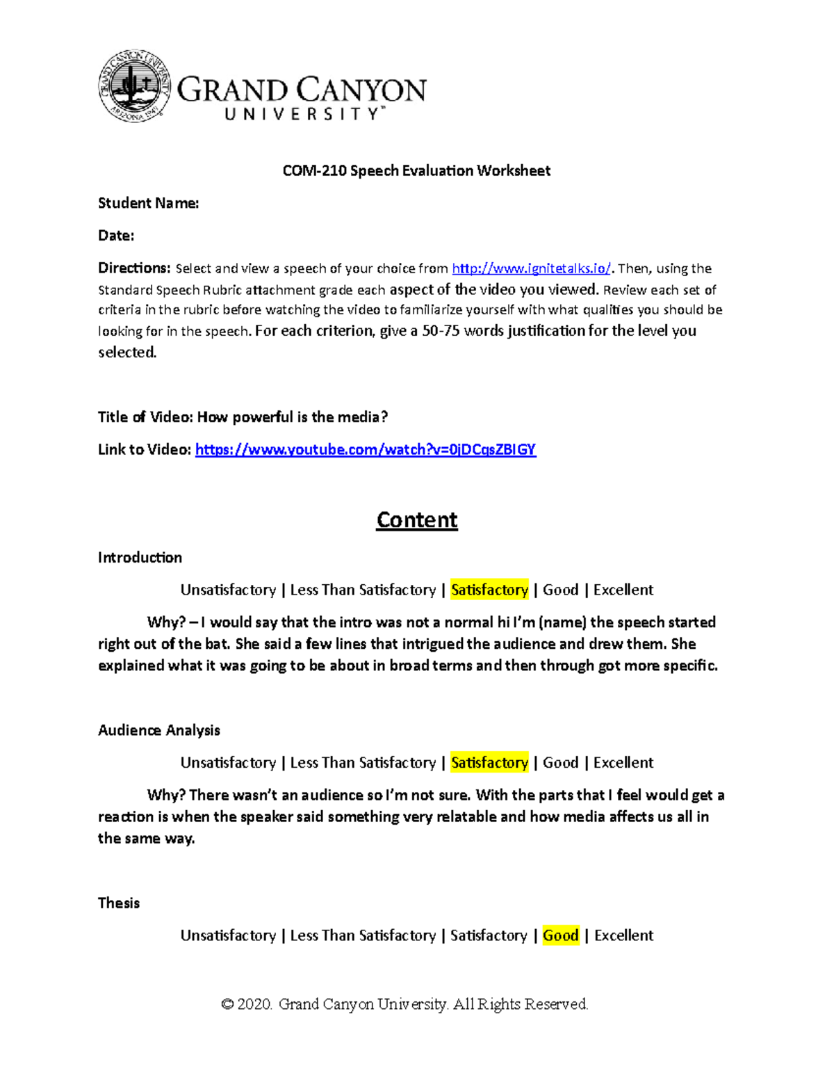 Speech Evaluation Worksheet - COM-210 Speech Evaluation Worksheet ...