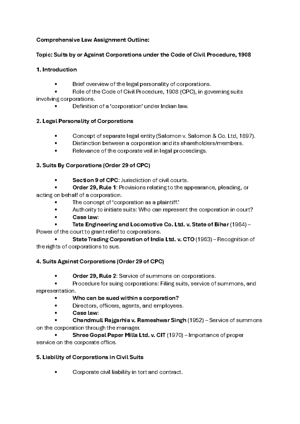 CPC - CPC - Comprehensive Law Assignment Outline: Topic: Suits by or ...