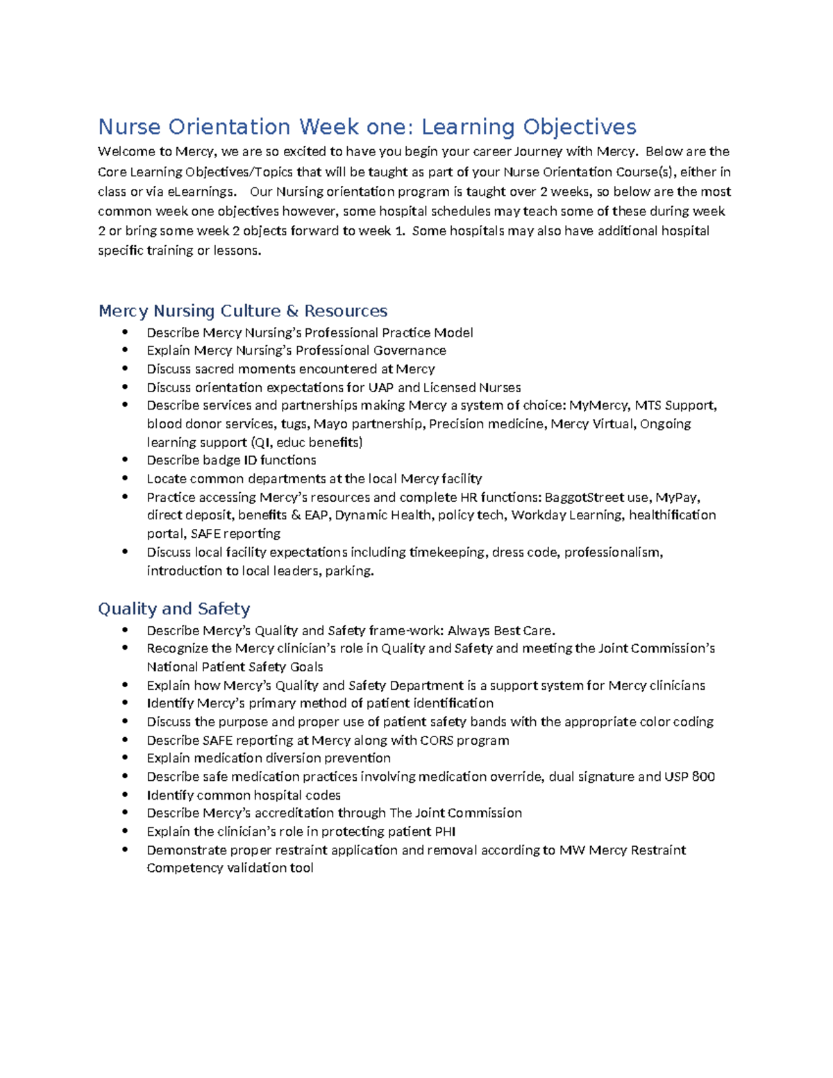 Nurse Orientation Course Objectives- week 1 - Nurse Orientation Week ...