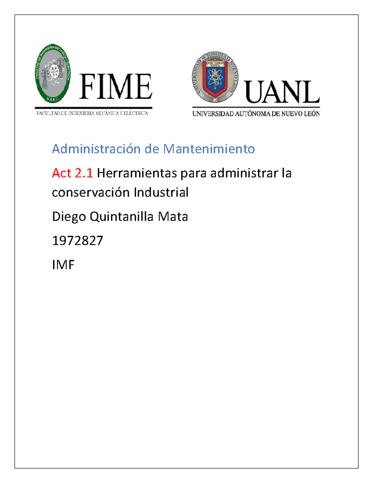 Act 2.1-DQM-1972827 - act 2 - Administración de Mantenimiento Act 2 Herramientas para ...