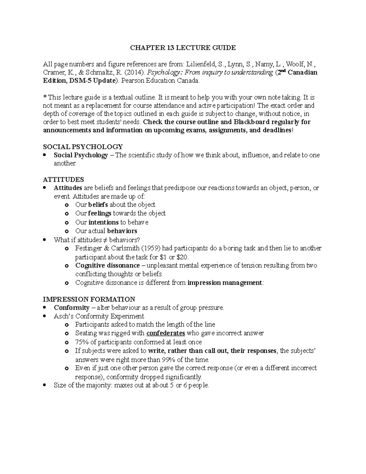 Ch 13 Social Psychology - CHAPTER 13 LECTURE GUIDE All page numbers and figure references are ...