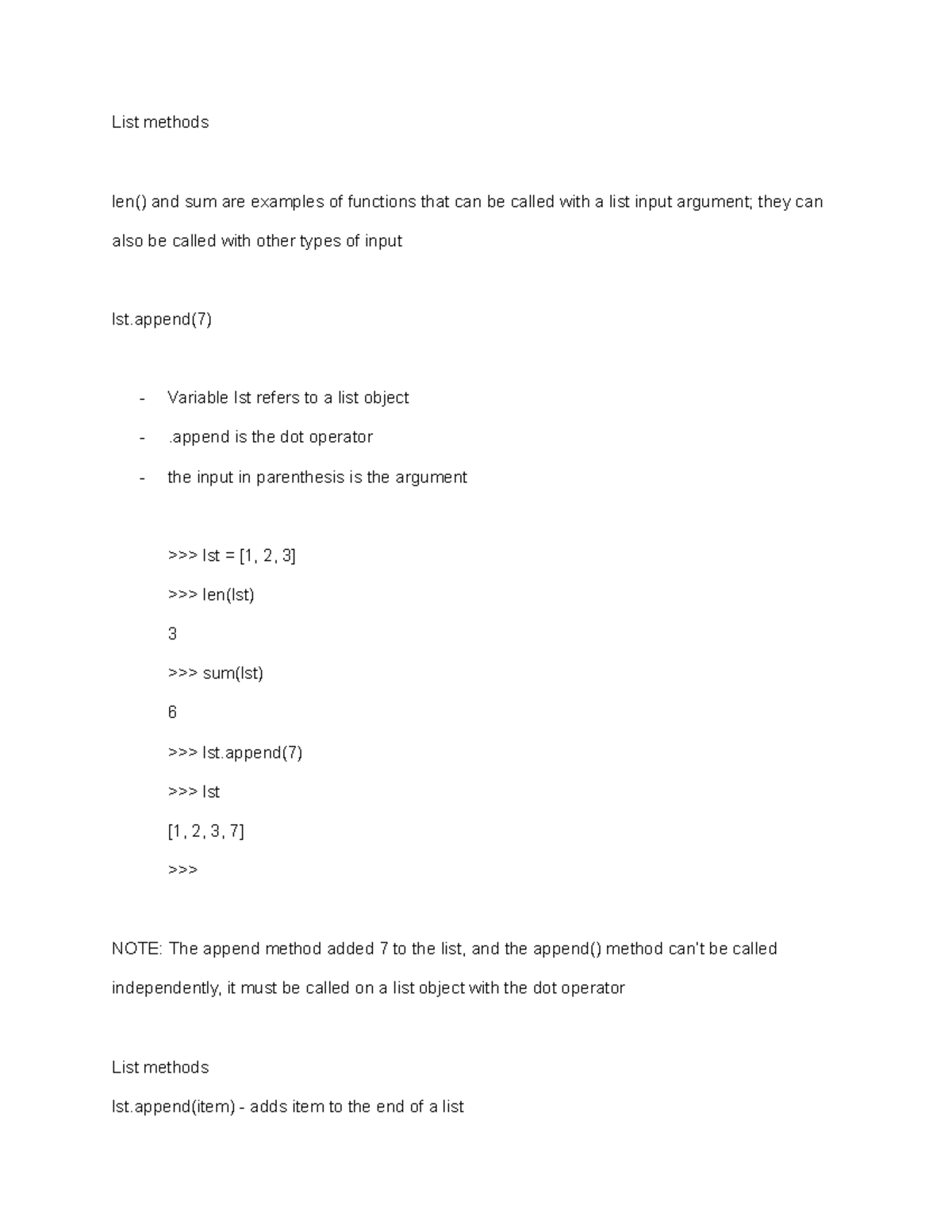 Lect 2. Pt 2 - Lect 2. Pt 2 - List methods len() and sum are examples ...